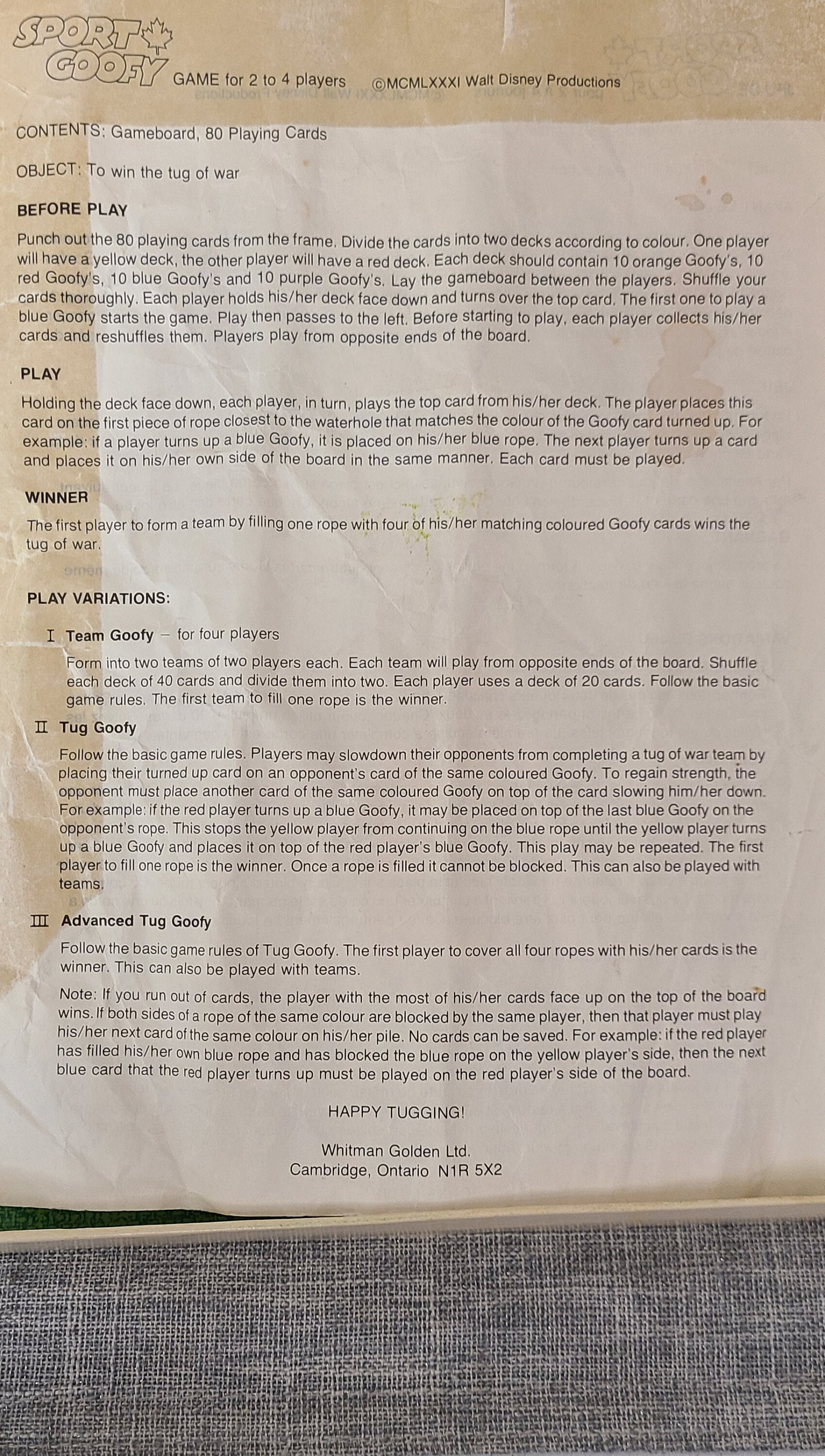 Rare Vintage 1981 Disney Sport Goofy Board Game, Canadian Withman - Etsy