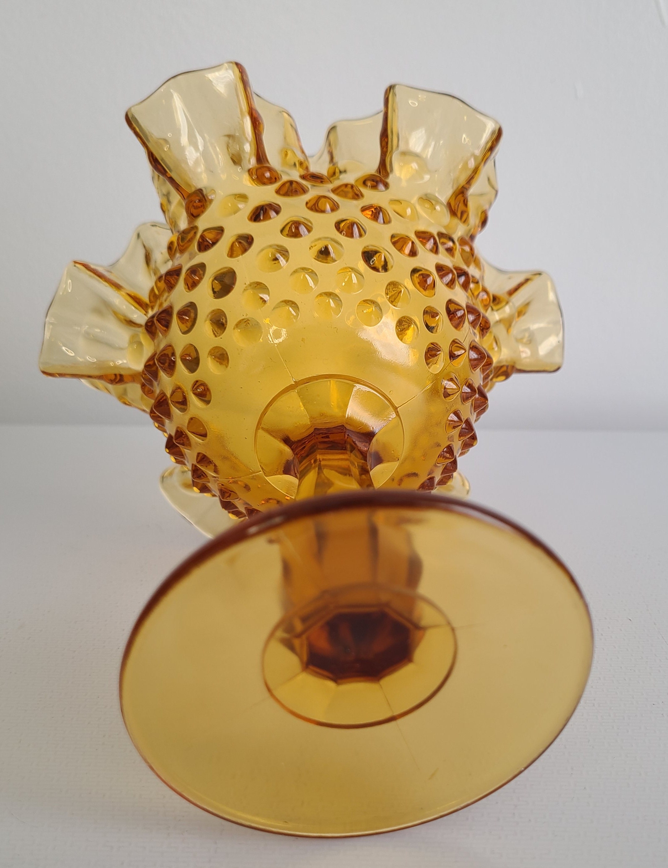 Vintage Fenton Hobnail Amber Glass Pedestal Candy Dish With Ruffled ...