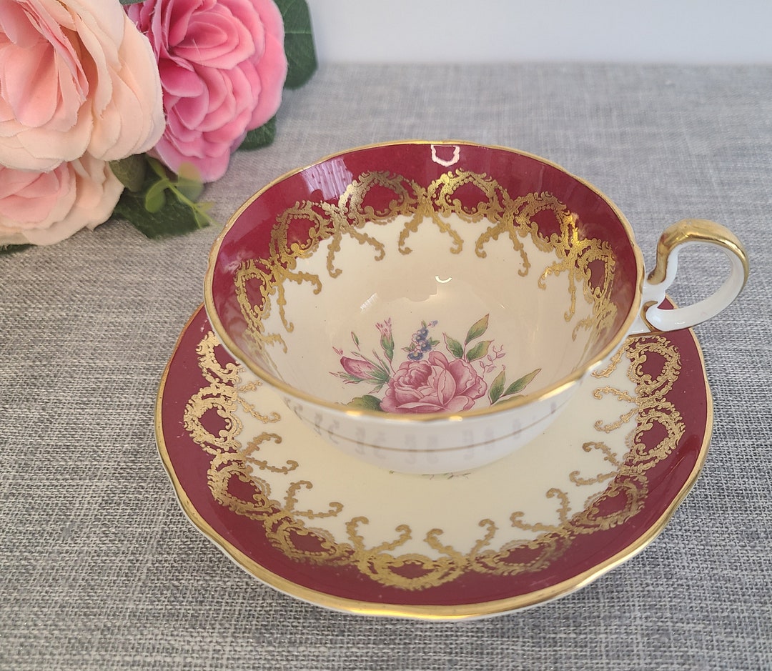 Vintage Aynsley Cup & Saucer Pink Rose, Maroon, Gold Gilt; Bone China ...