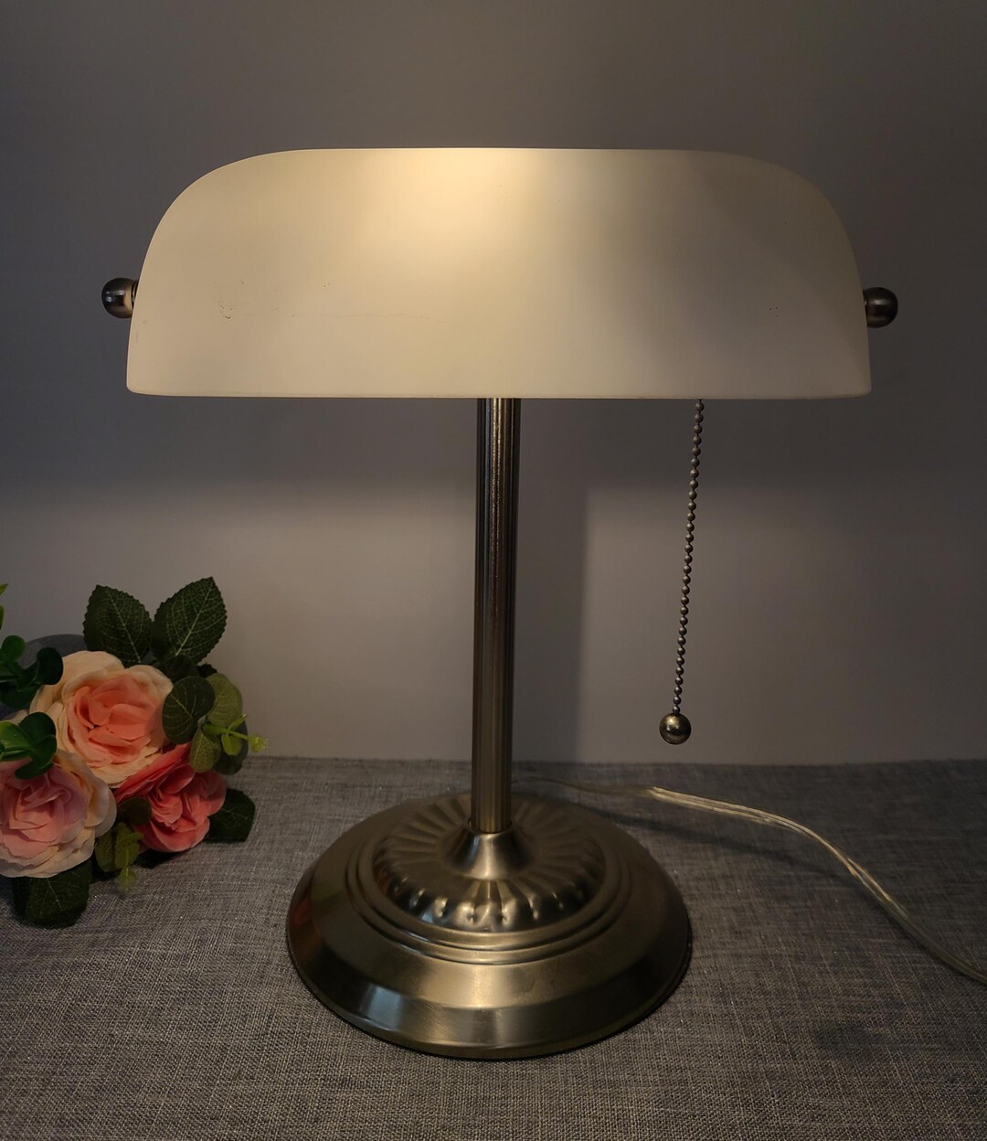 Vintage Bankers Desk Lamp With White Glass Shade and Silver Metal Body ...