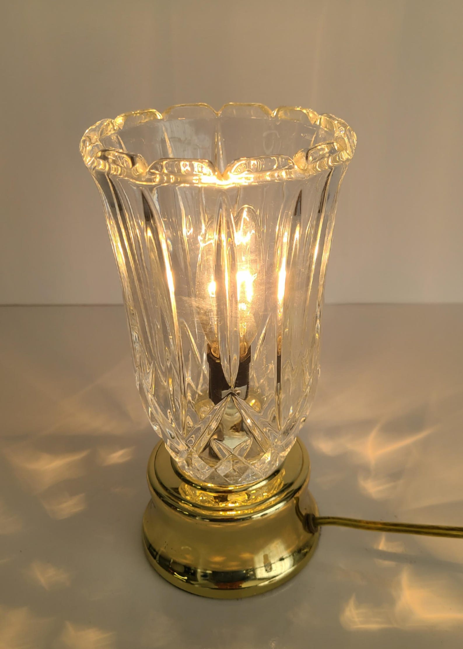 Vintage Crystal Glass Table Lamp, Golden Metal Base, Hollywood Regency ...