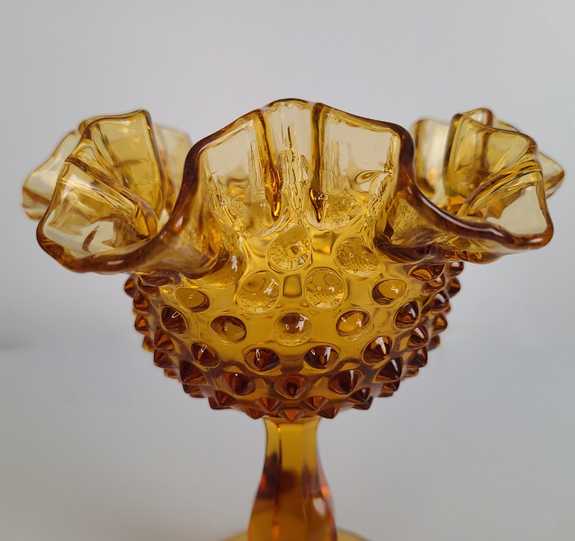 Vintage Fenton Hobnail Amber Glass Pedestal Candy Dish With Ruffled ...