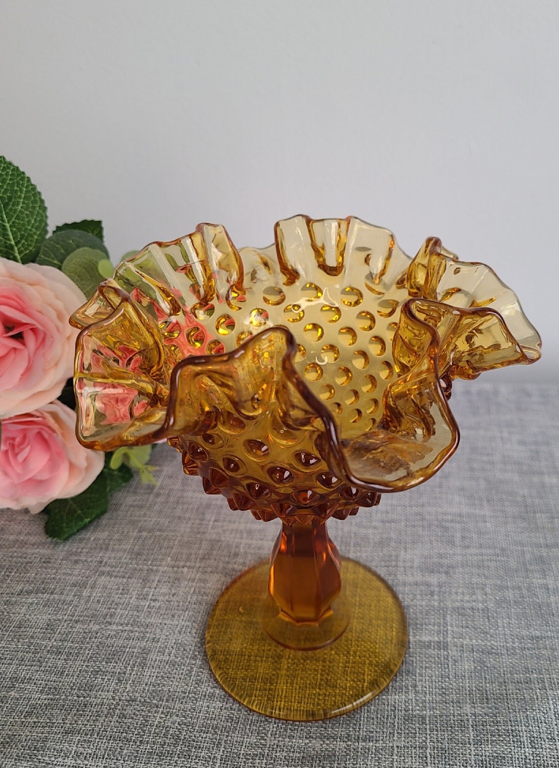 Vintage Fenton Hobnail Amber Glass Pedestal Candy Dish With Ruffled ...