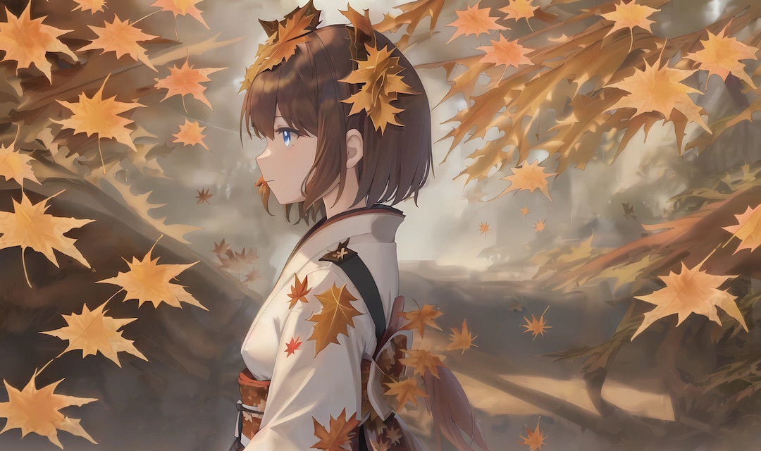 Printable Tranquil Anime Girl With Leaves High-quality Digital Print ...