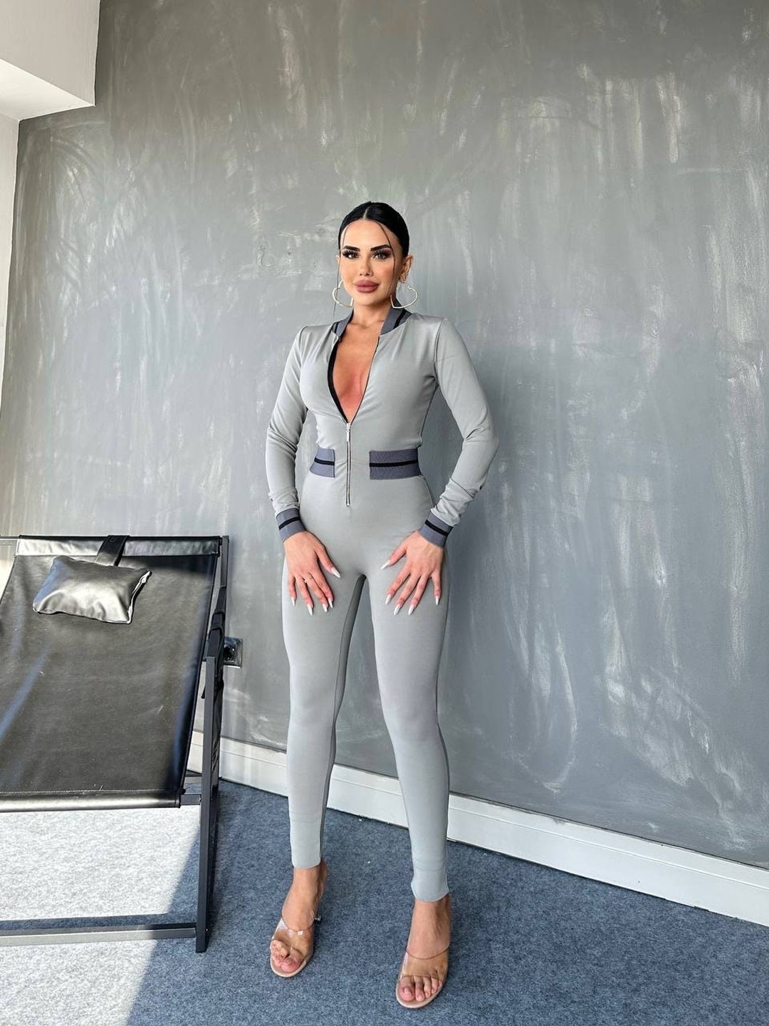 Lovefab Womens Chest Low Cut Jumpsuit V Style Full Body Bodycon Long