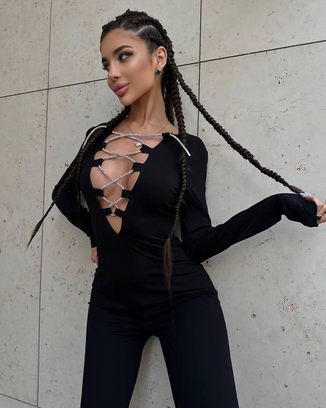 Lovefab Black Womens Jumpsuit V Style Full Body Bodycon Catsuit Long