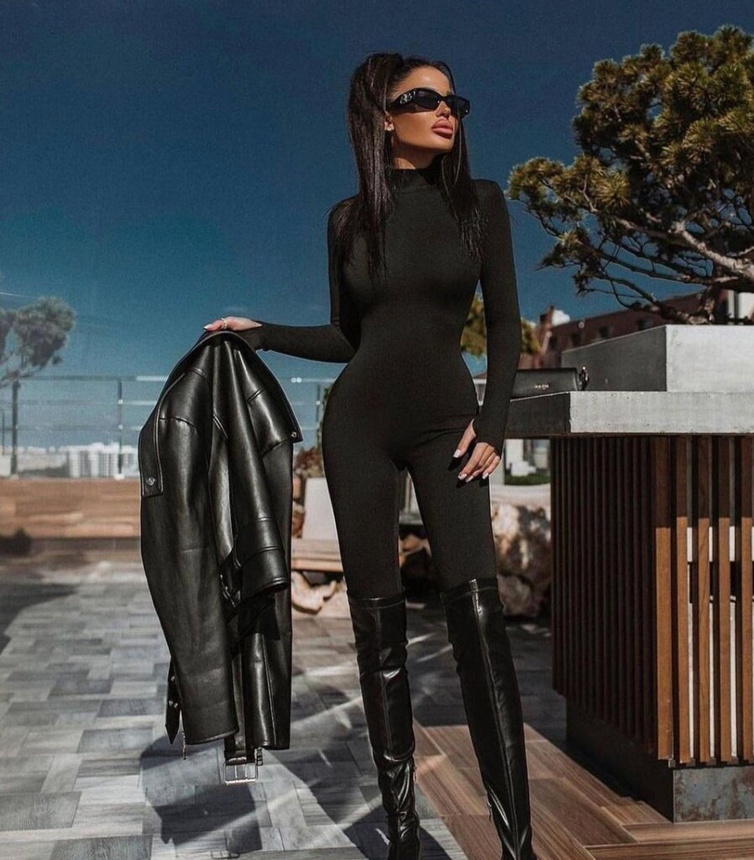 Lovefab Black Jumpsuit ,V Style Full Body Bodycon, Long Sleeve Bodysuit ...