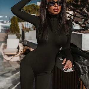 Lovefab Black Jumpsuit ,V Style Full Body Bodycon, Long Sleeve Bodysuit ...