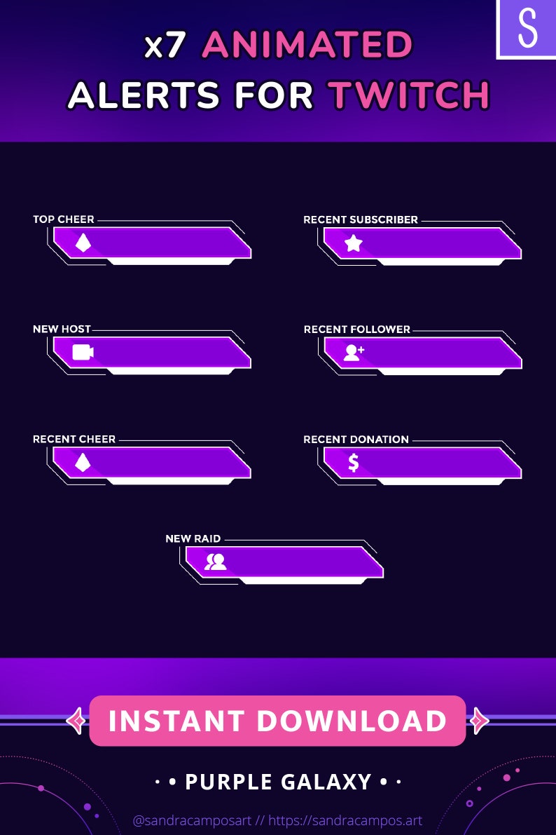 Animated Custom Stream Alerts for Twitch, Purple Galaxy Loop Animated ...