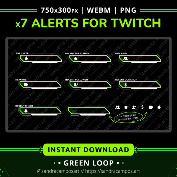 Animated Custom Stream Alerts for Twitch, Green Loop Animated Alert ...