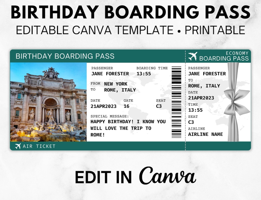Editable Birthday Boarding Pass Canva Template, Surprise Ticket ...