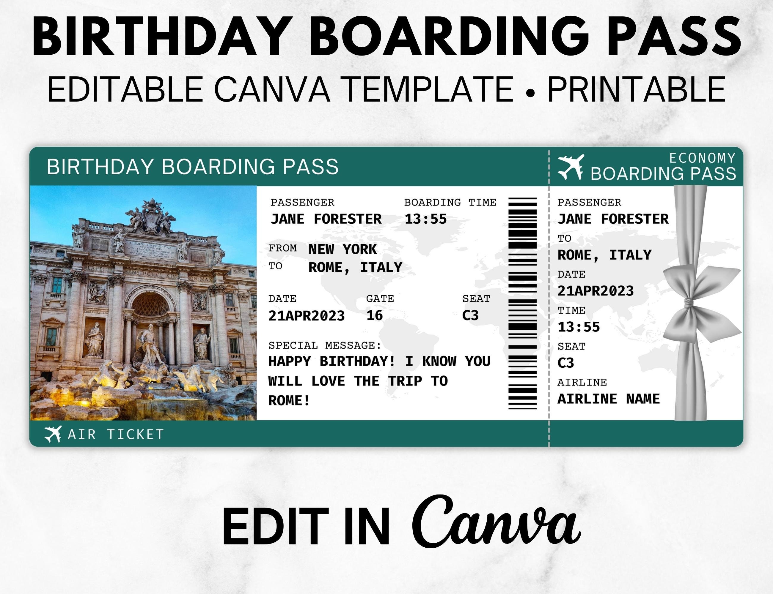 Editable Birthday Boarding Pass Canva Template, Surprise Ticket ...
