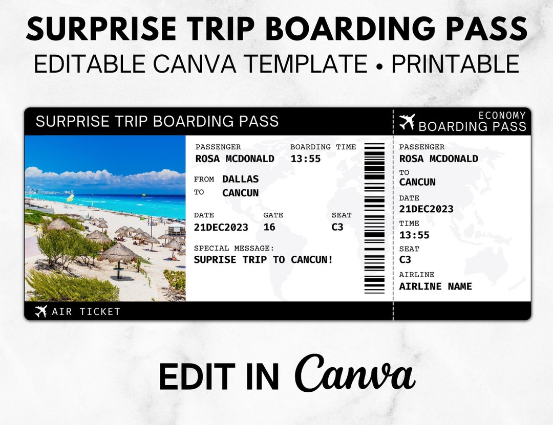 Editable Surprise Trip Boarding Pass Canva Template, Ticket Printable ...