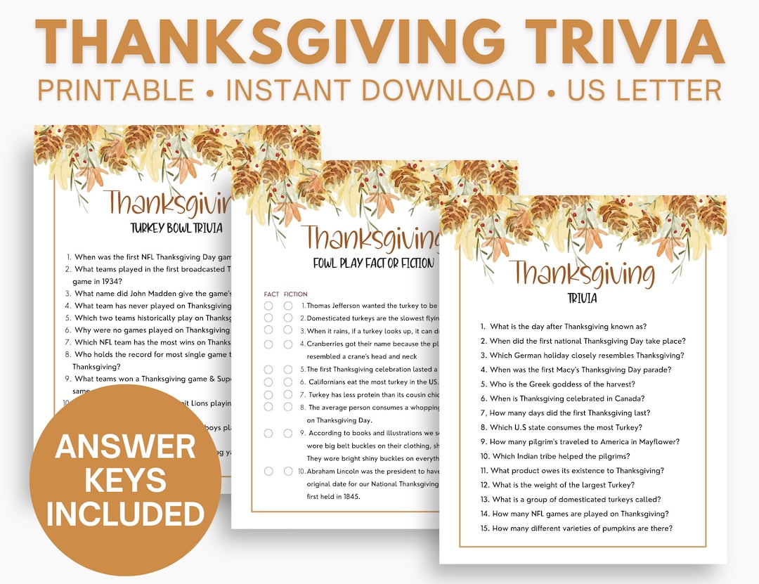THANKSGIVING TRIVIA Game Printable, Fun Turkey Day Games for Adults - Etsy