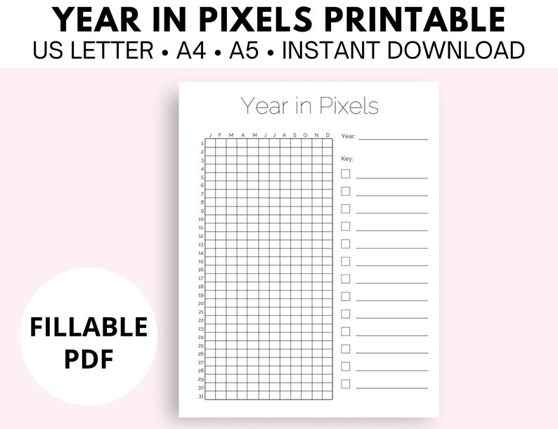 Year in Pixels Printable, Bullet Journal Page, Mood Tracker Planner ...