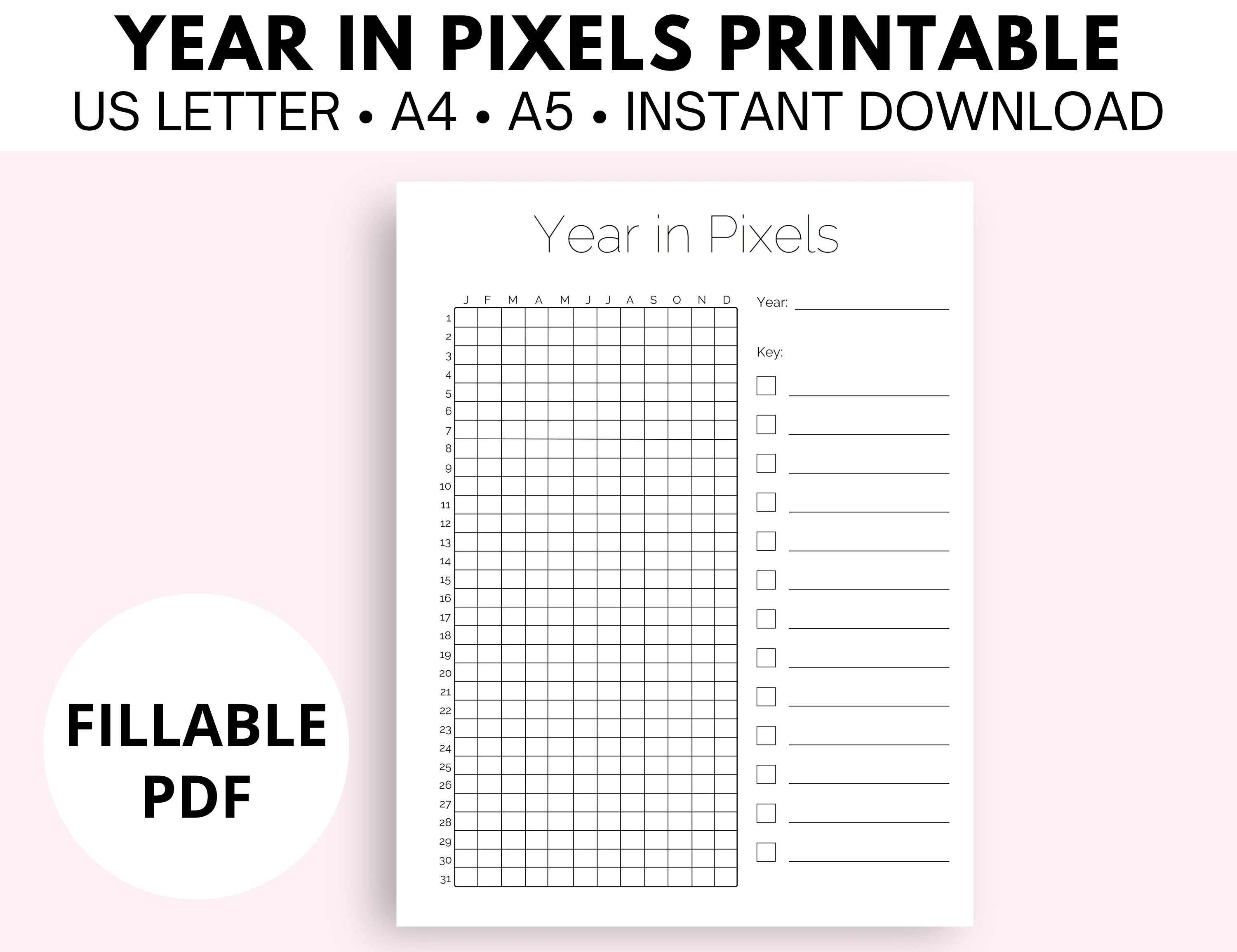 Year in Pixels Printable, Bullet Journal Page, Mood Tracker Planner ...