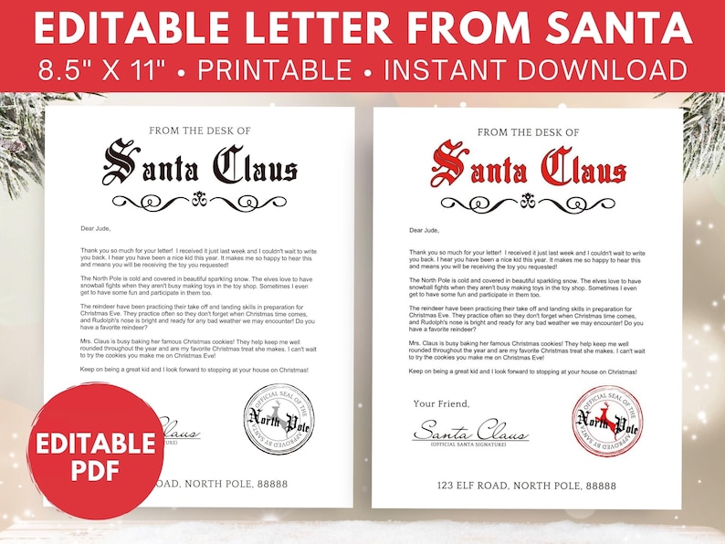 EDITABLE Letter From Santa Printable, Editable PDF , Instant Download ...