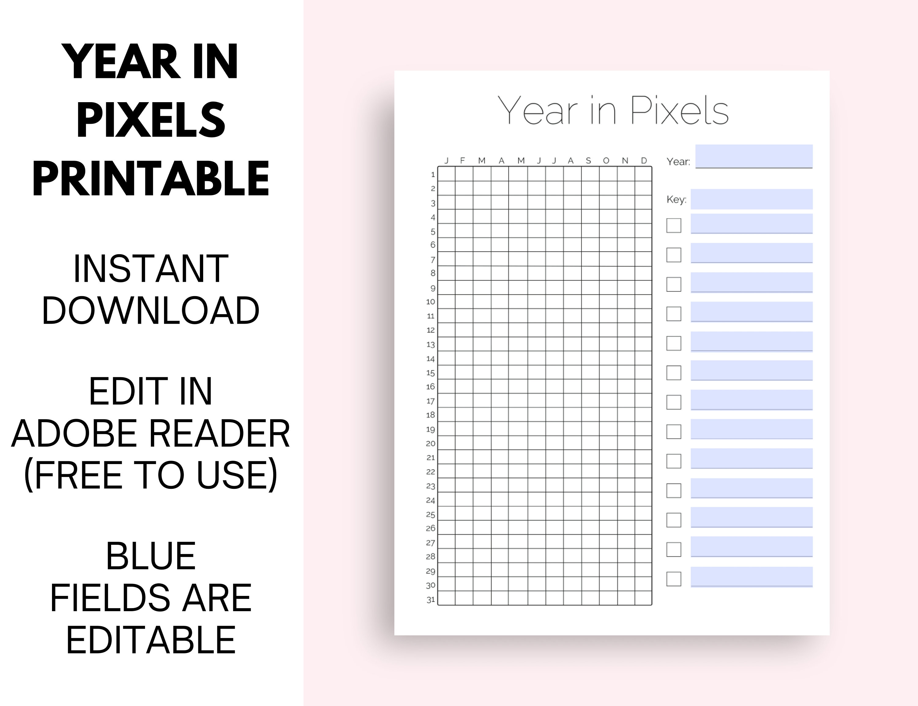 Year in Pixels Printable, Bullet Journal Page, Mood Tracker Planner ...