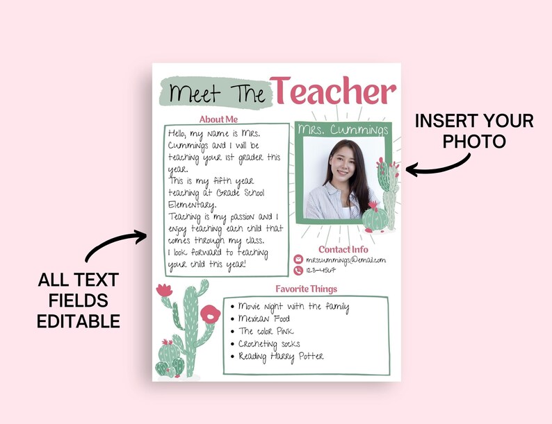 Cactus Meet the Teacher Canva Template Printable, Editable Photo ...