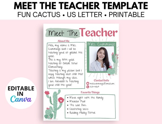 Cactus Meet the Teacher Canva Template Printable Editable - Etsy