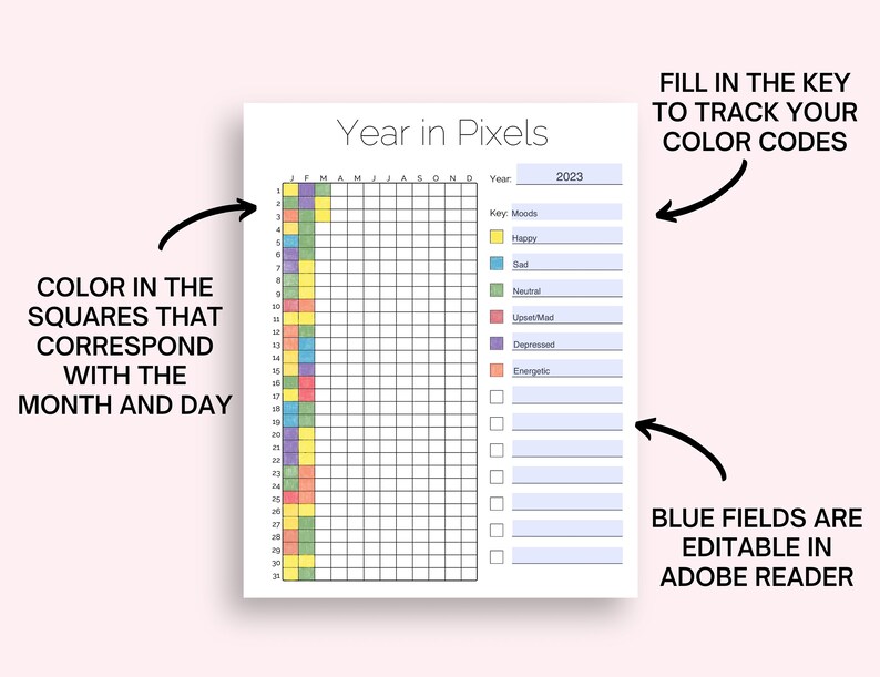 Year in Pixels Printable, Bullet Journal Page, Mood Tracker Planner ...