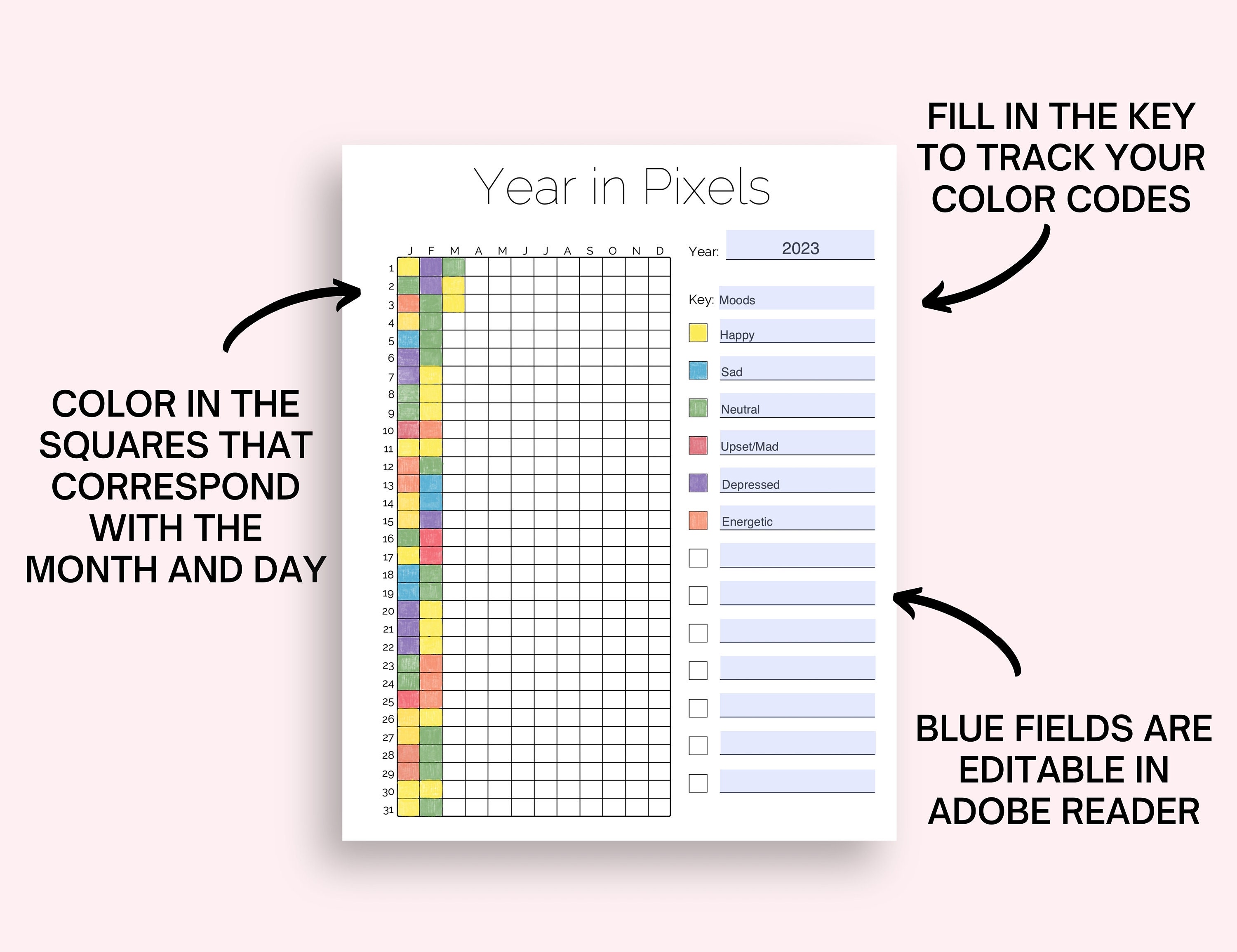 Year in Pixels Printable, Bullet Journal Page, Mood Tracker Planner ...