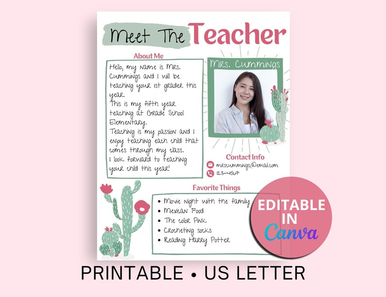 Cactus Meet the Teacher Canva Template Printable, Editable Photo ...