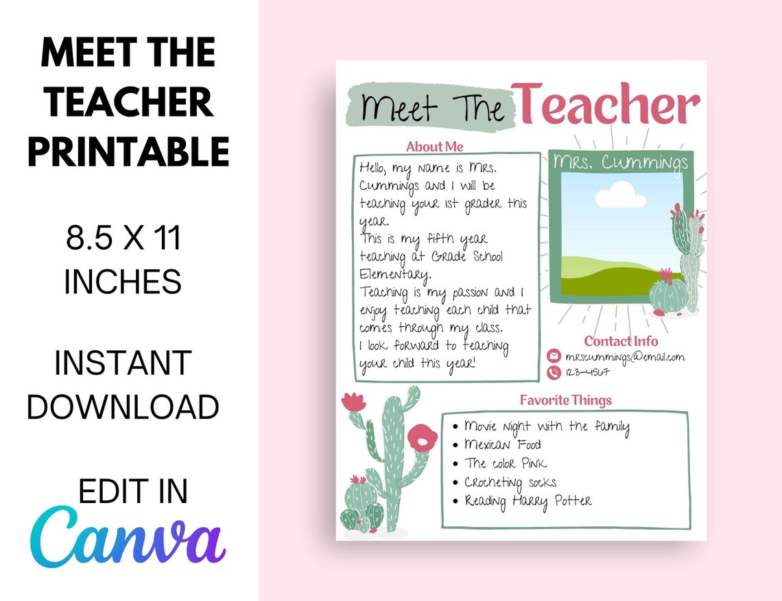 Cactus Meet the Teacher Canva Template Printable, Editable Photo ...