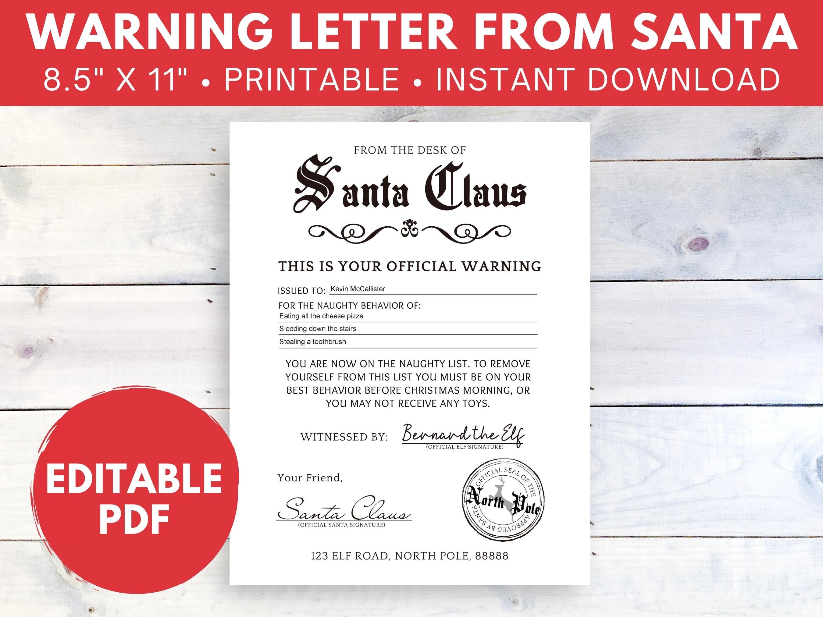 EDITABLE Warning Letter From Santa Printable, Naughty List, Instant ...