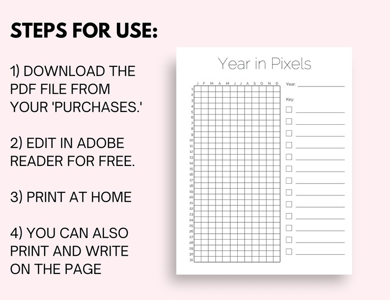 Year in Pixels Printable, Bullet Journal Page, Mood Tracker Planner ...
