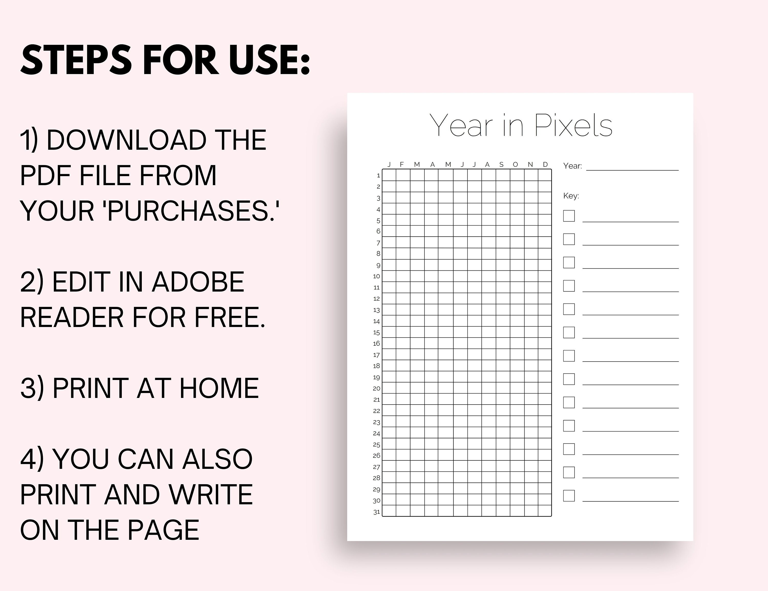Year in Pixels Printable, Bullet Journal Page, Mood Tracker Planner ...