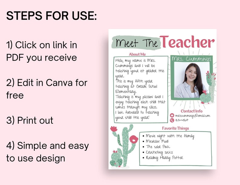 Cactus Meet the Teacher Canva Template Printable, Editable Photo ...