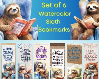 Set of 6 Coloring Sloth Booklovers Bookmarks, Cute Sloth Bookmarks ...