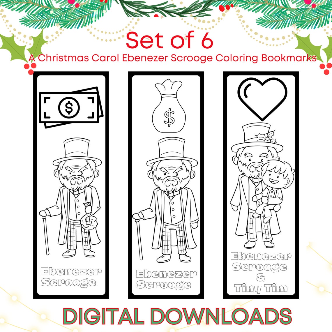 Set of 6 A Christmas Carol Ebenezer Scrooge Coloring Bookmarks ...