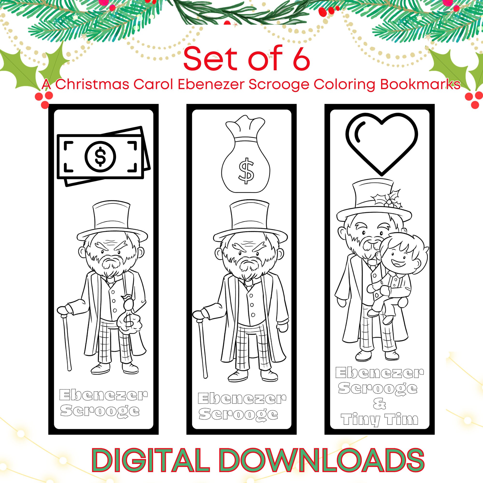 Set of 6 A Christmas Carol Ebenezer Scrooge Coloring Bookmarks ...
