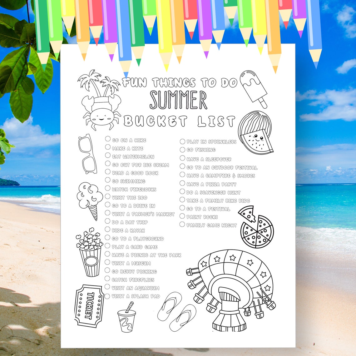 Summer Bucket List Coloring Printable, Summer to Do List, Summer Break ...