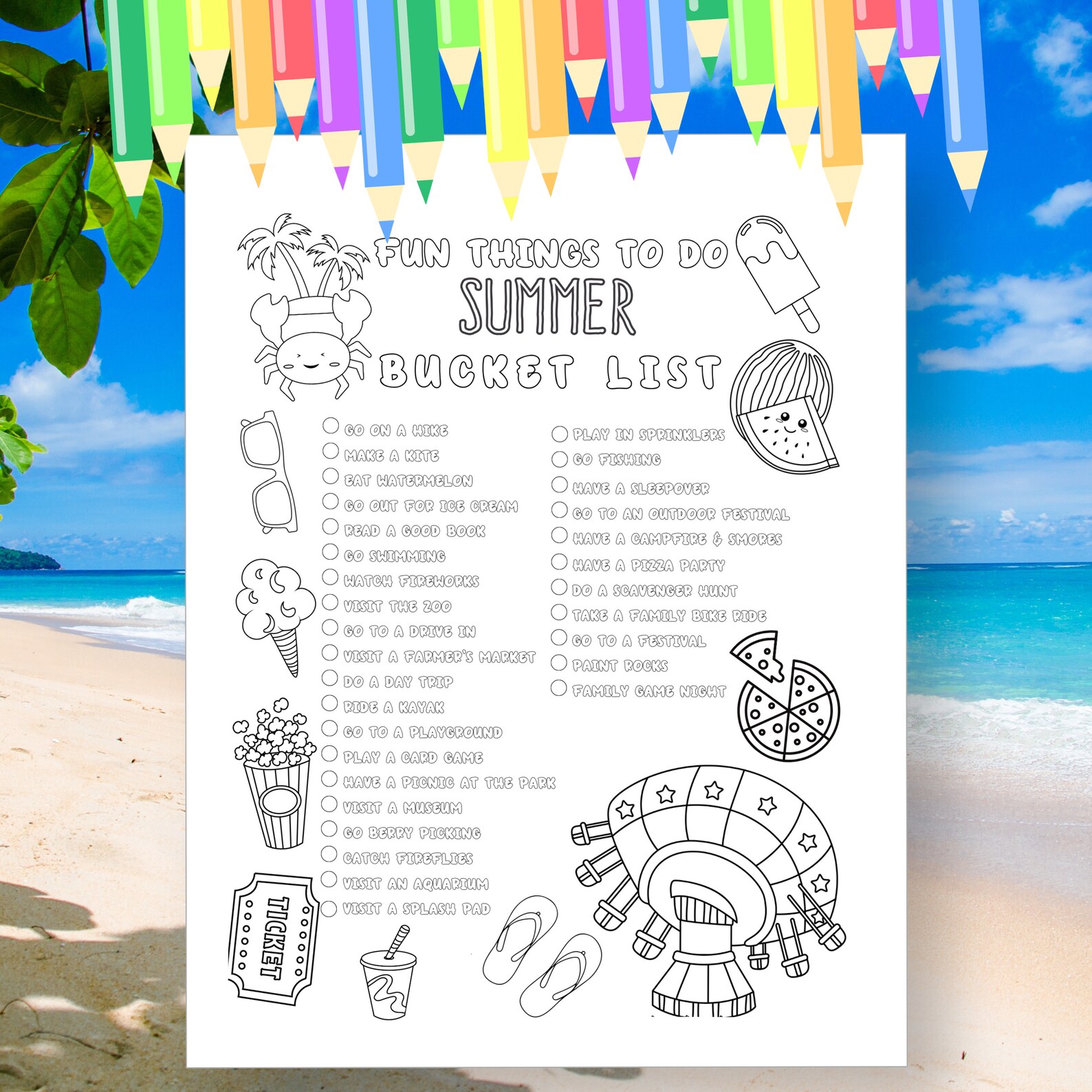 Summer Bucket List Coloring Printable, Summer to Do List, Summer Break ...
