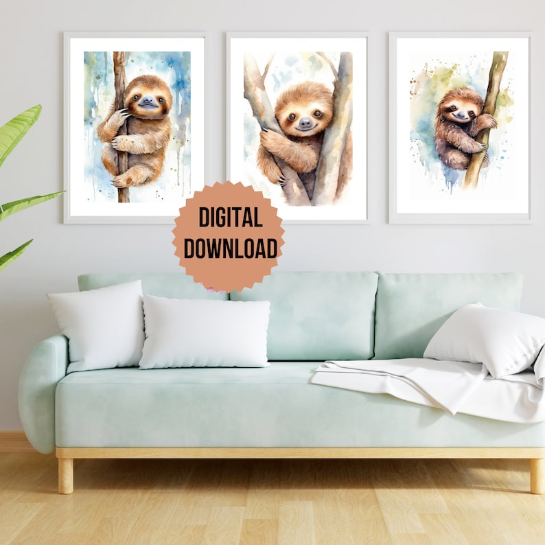Sloth Watercolor Wall Art Set of 3, Printable Wall Art, Sloth Prints ...