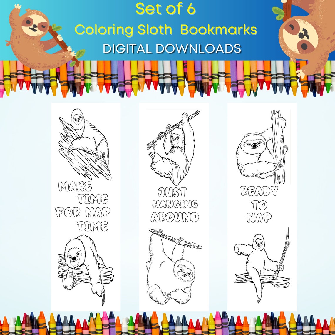 Set of 6 Coloring Sloth Booklovers Bookmarks, Cute Sloth Bookmarks ...