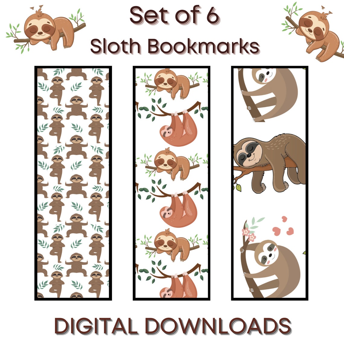 Set of 6 Cute Sloth Booklovers Bookmarks, Cute Sloth Bookmarks, Cute ...