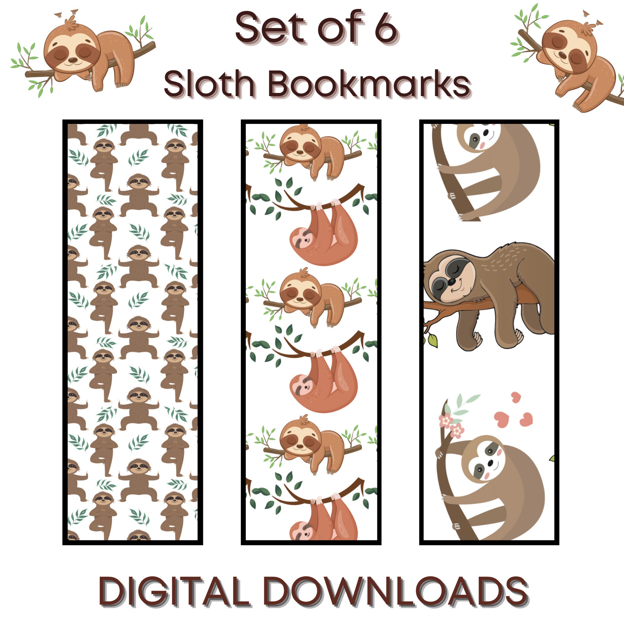 Set of 6 Cute Sloth Booklovers Bookmarks, Cute Sloth Bookmarks, Cute ...