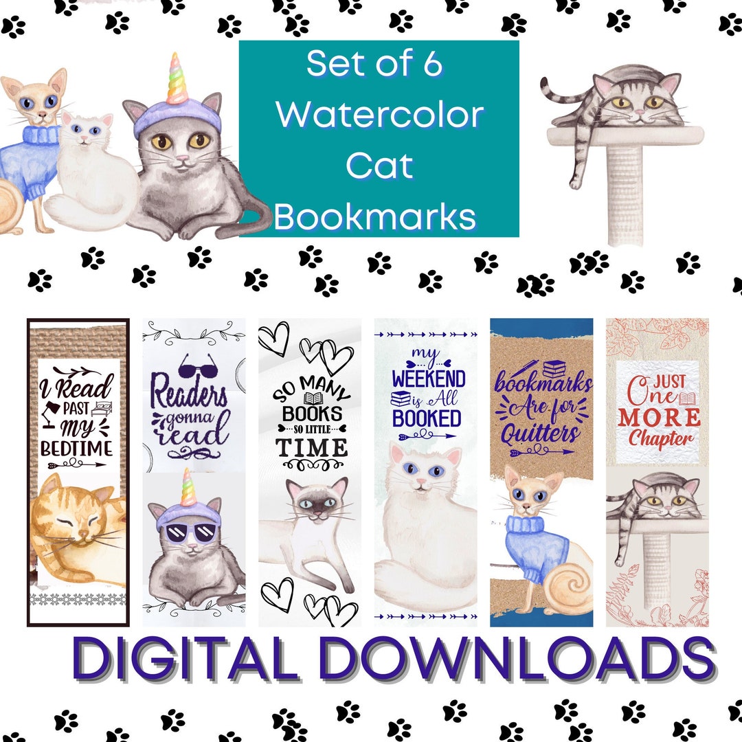 Set of 6 Funny Cat Booklovers Bookmarks, Watercolor Cat Bookmarks ...