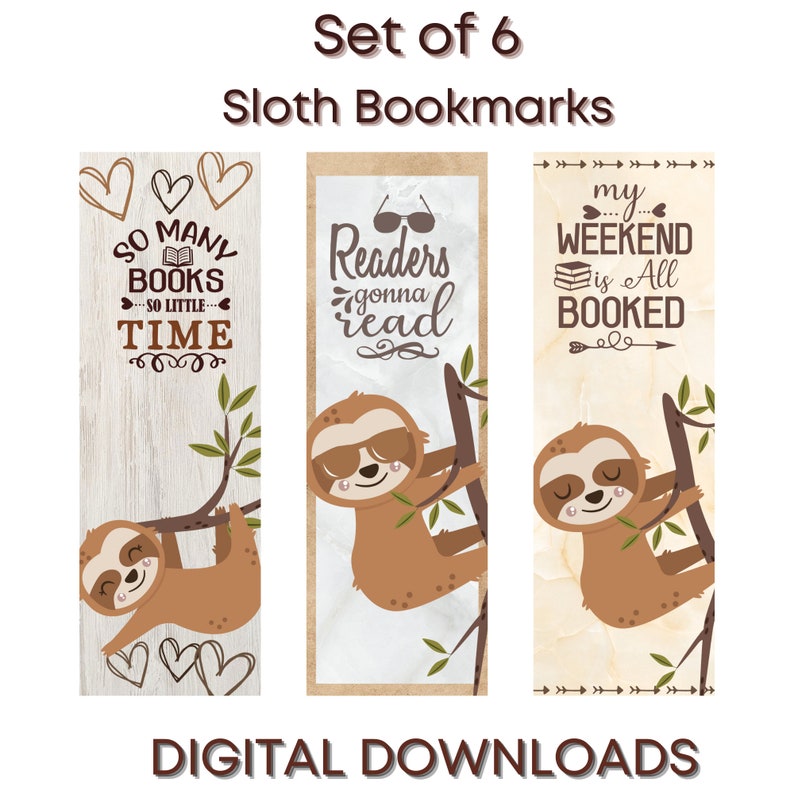 Set of 6 Cute Sloth Booklovers Bookmarks, Cute Sloth Bookmarks, Cute ...
