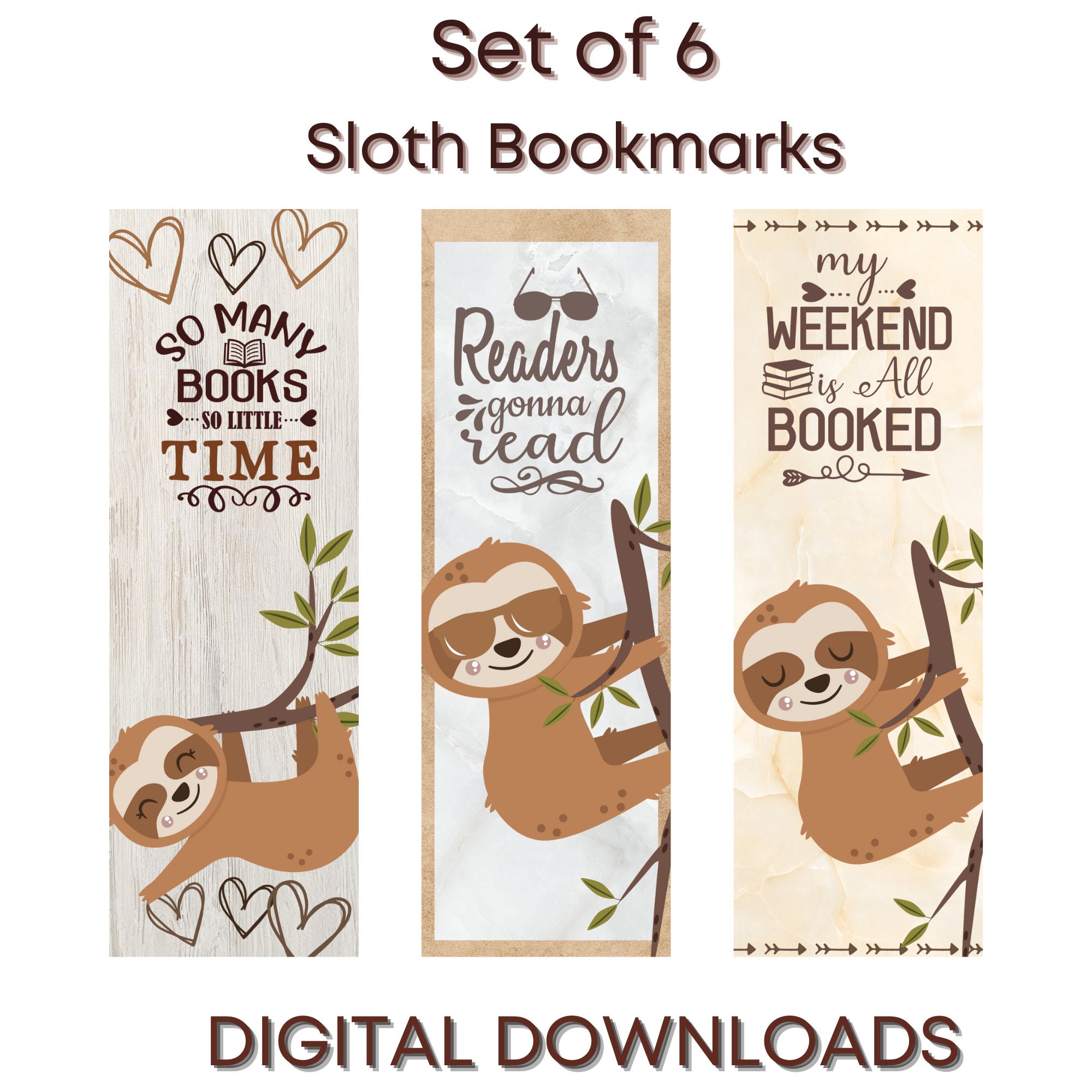 Set of 6 Cute Sloth Booklovers Bookmarks, Cute Sloth Bookmarks, Cute ...