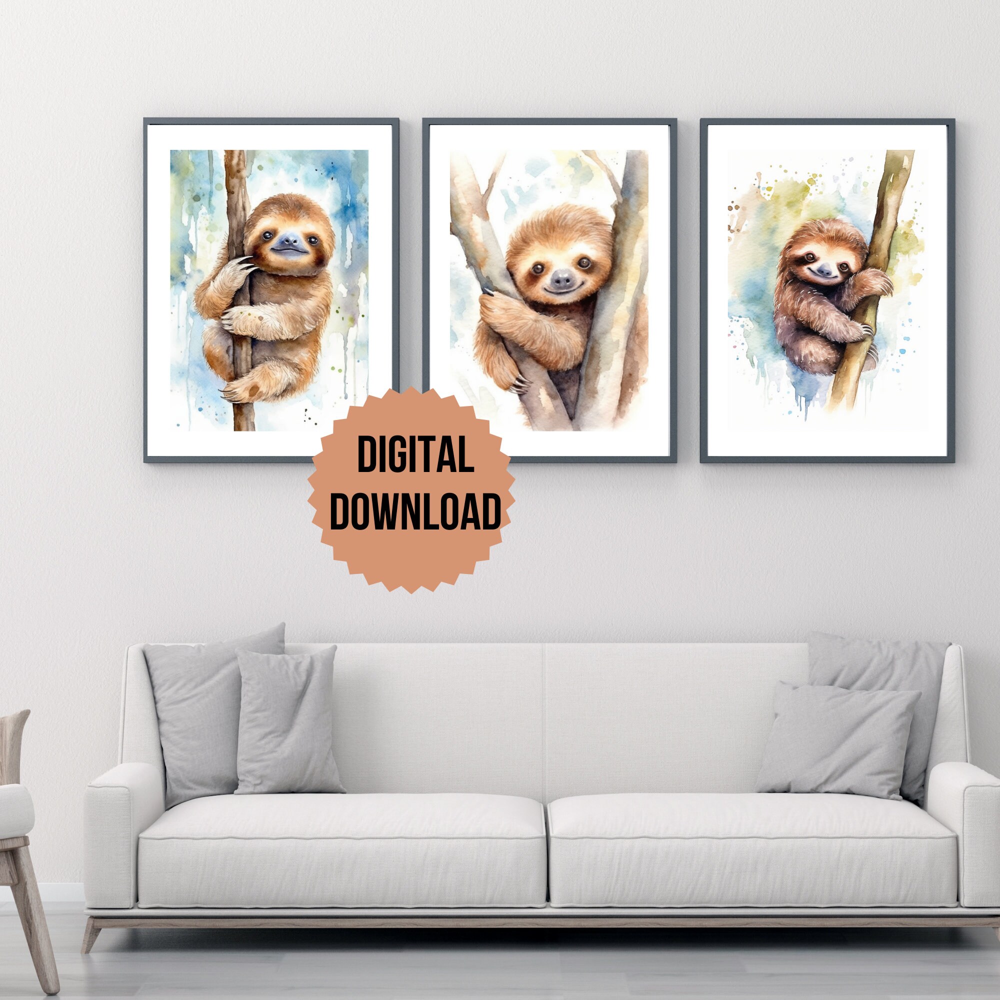 Sloth Watercolor Wall Art Set of 3, Printable Wall Art, Sloth Prints ...