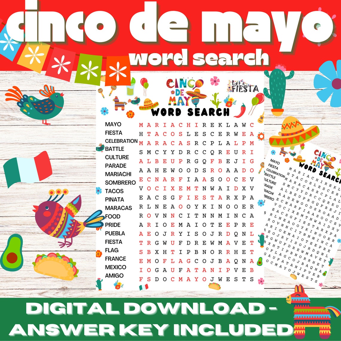 Cinco De Mayo Wordsearch Printable, Answer Key, Party Game, Cinco De ...