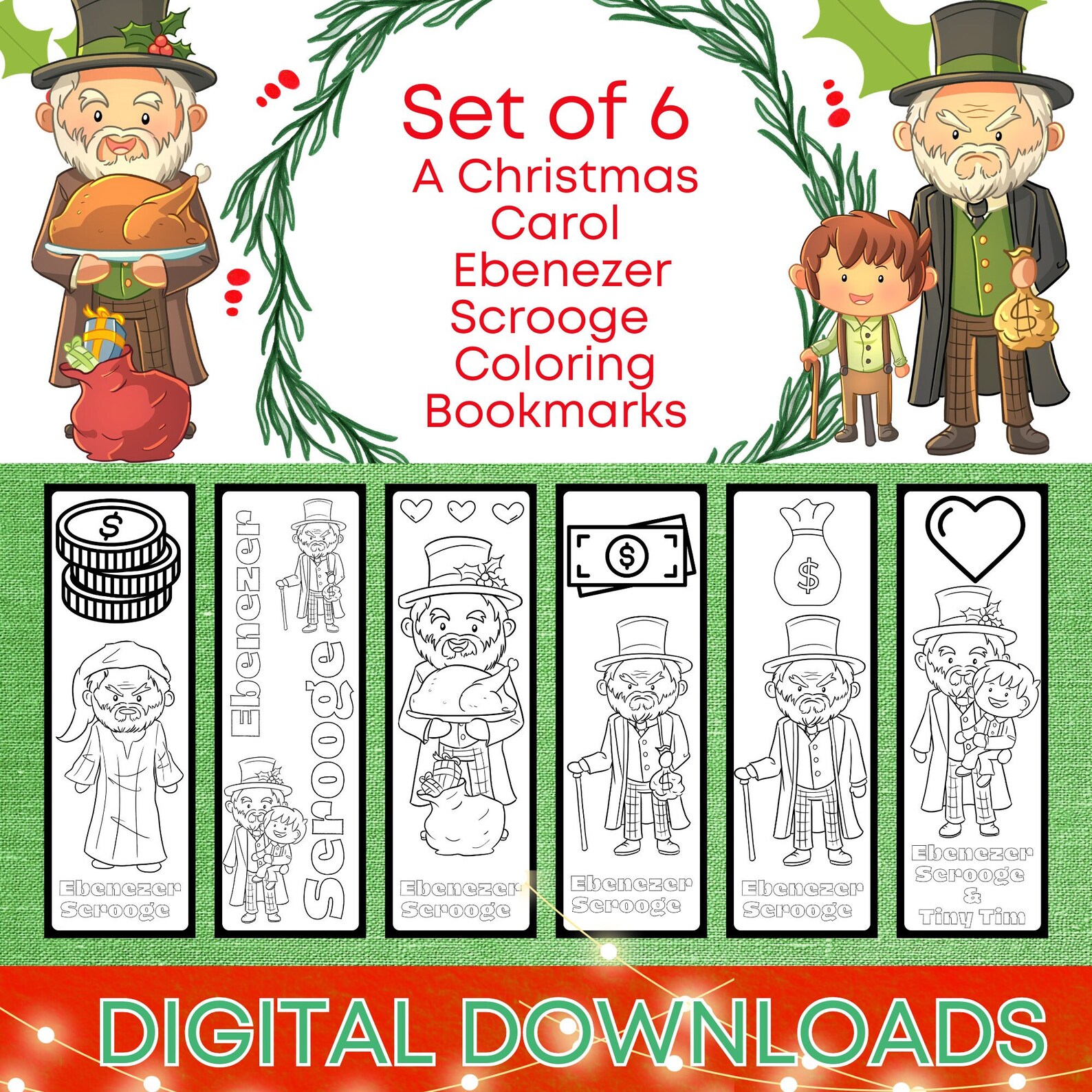 Set of 6 A Christmas Carol Ebenezer Scrooge Coloring Bookmarks ...