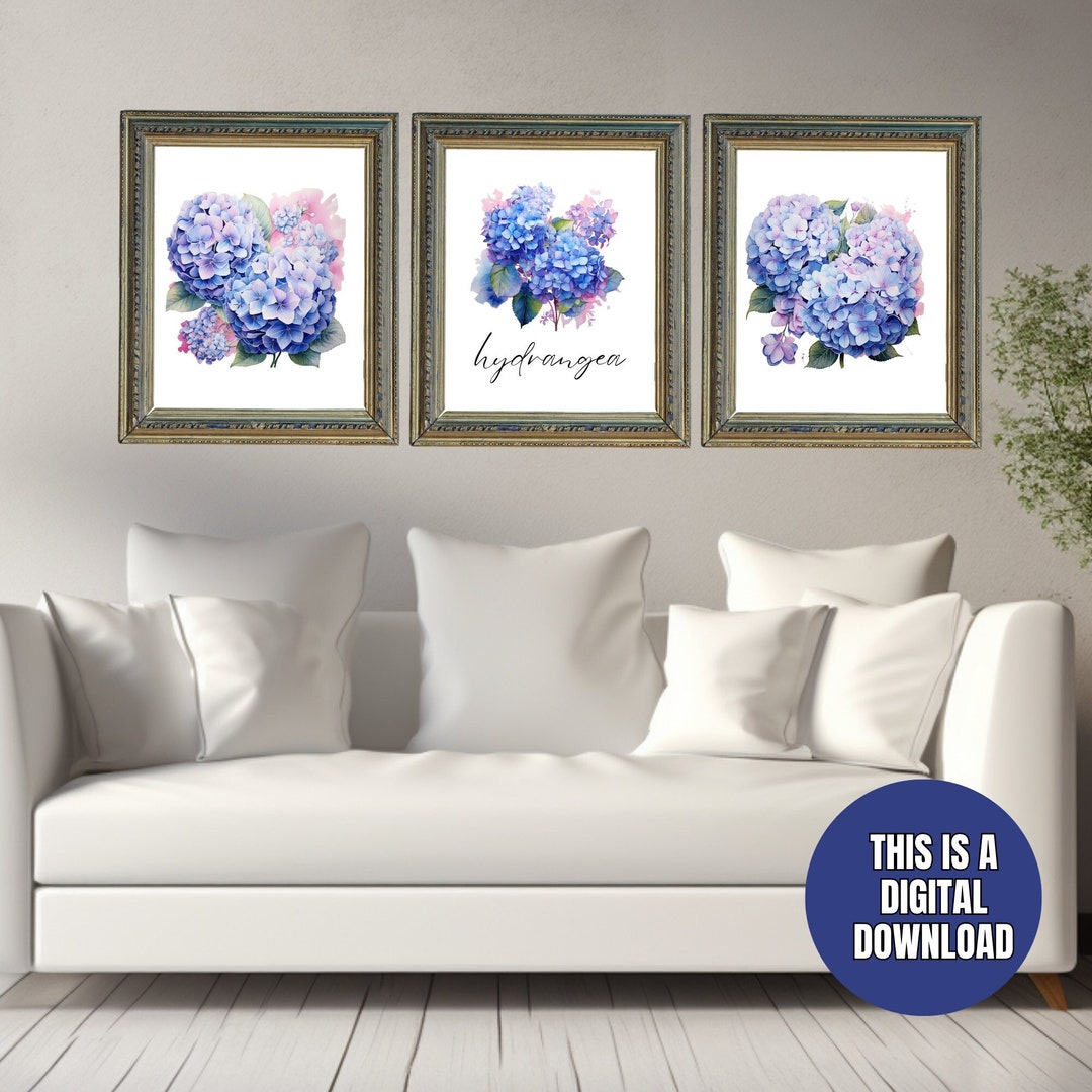 Set of 3 Watercolor Blue Hydrangea Prints, Minimalist Wall Decor ...