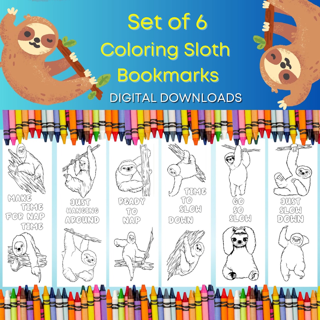 Set of 6 Coloring Sloth Booklovers Bookmarks, Cute Sloth Bookmarks ...