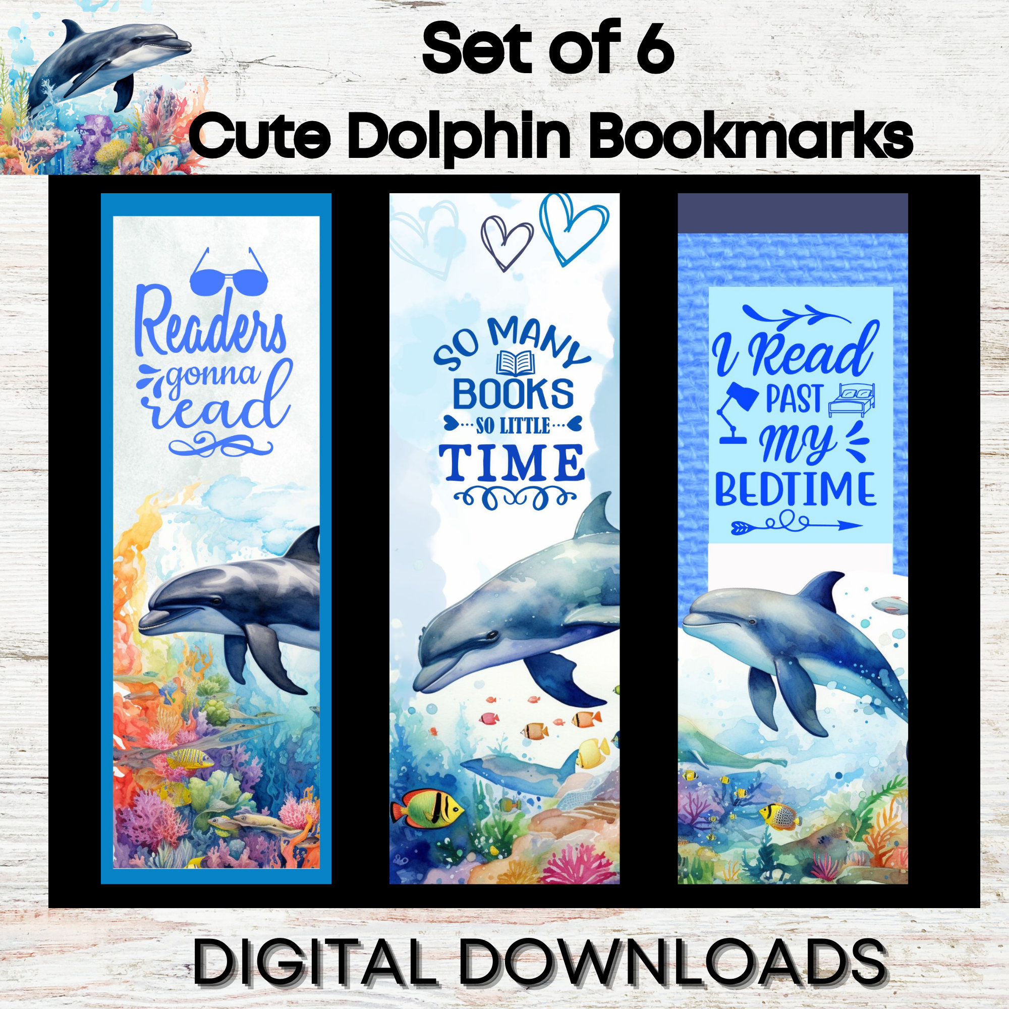 Set of 6 Cute Dolphin Booklovers Bookmarks, Cute Dolphin Bookmarks ...